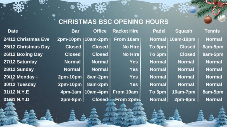 BSC Christmas Opening Hours 2025 – Bromley Sports Club